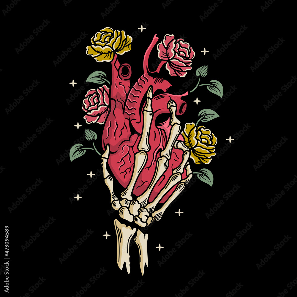 vintage skeleton hand holding realistic heart Stock Vector | Adobe Stock