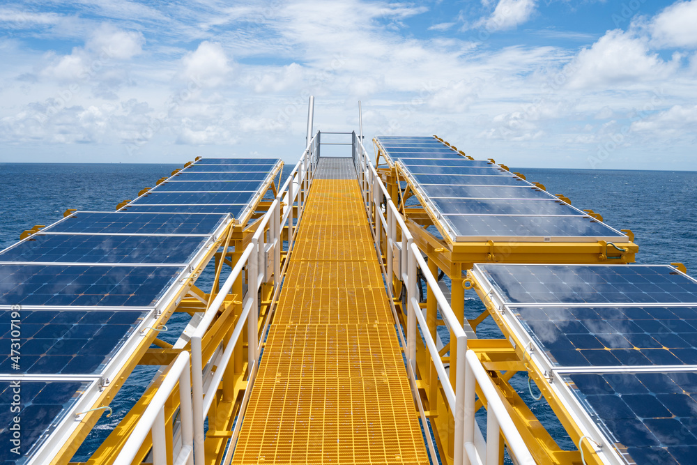 Solar cells panel at offshore oil and gas wellhead remote platform for ...