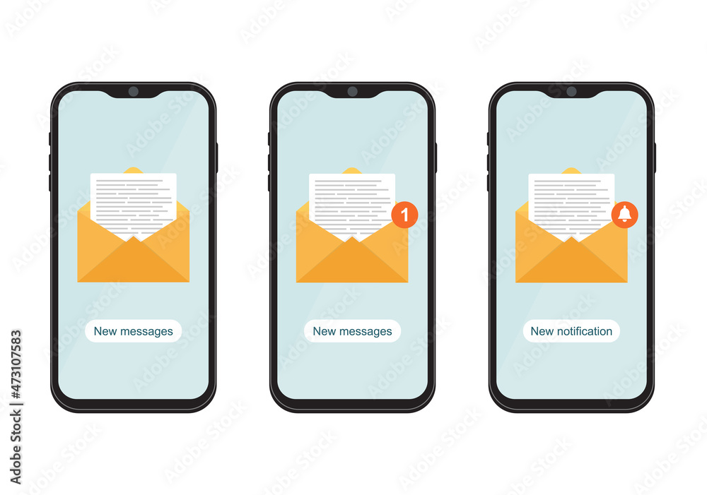 Set of mobile phones with message notifications. New incoming message ...