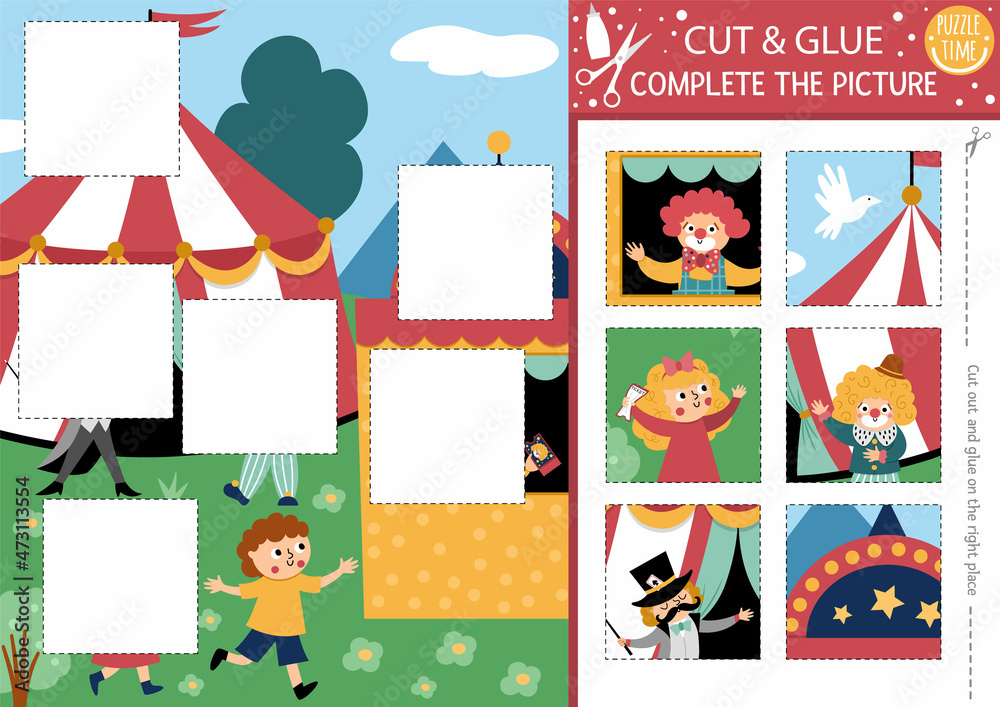 Vector circus cut and glue activity. Amusement show crafting game. Cute ...