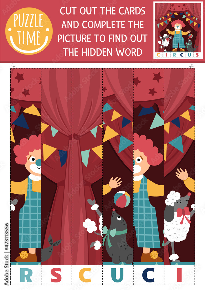 Vector circus scrambled picture. Cut and glue activity with hidden word ...