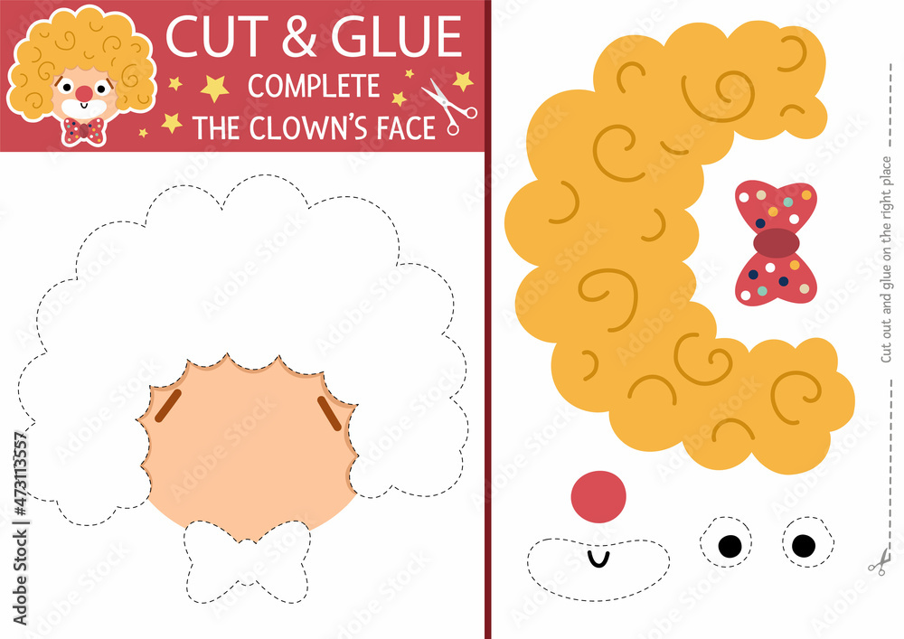 Vector circus cut and glue activity. Amusement show educational ...
