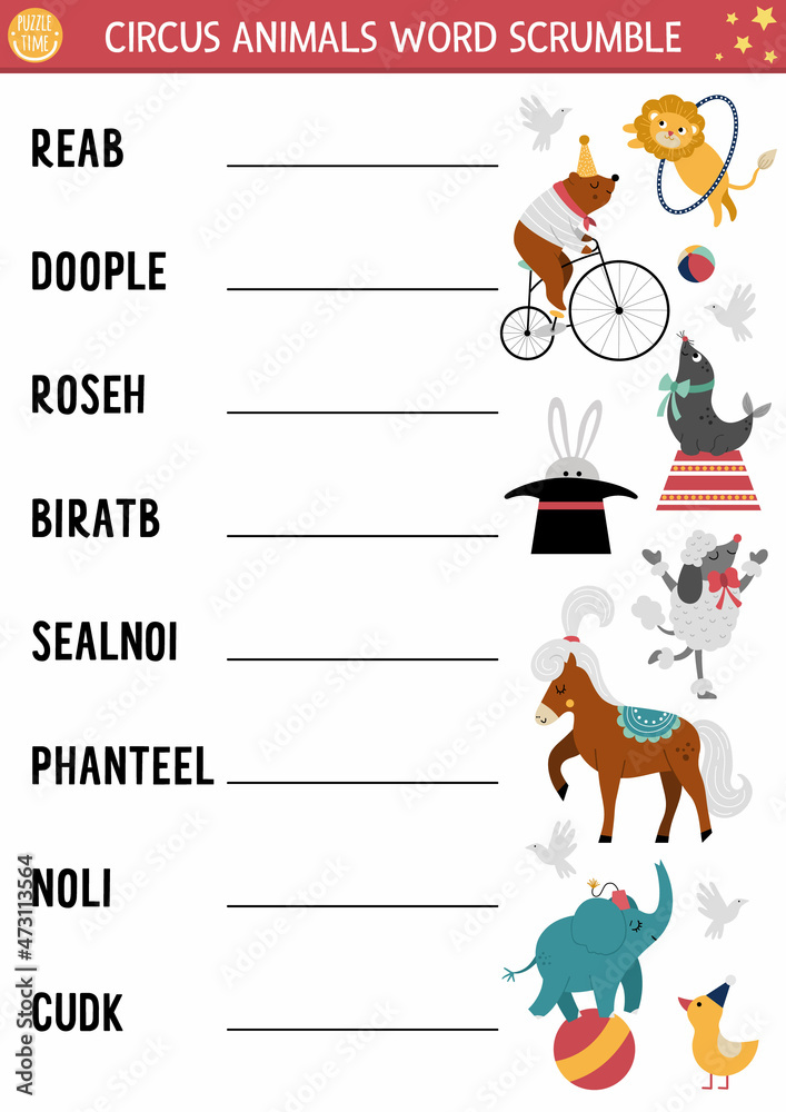 Vetor do Stock: Vector circus word scramble activity page. English ...