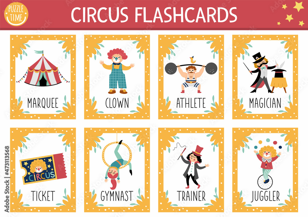 Vector circus flash cards set. English language game with cute marquee ...