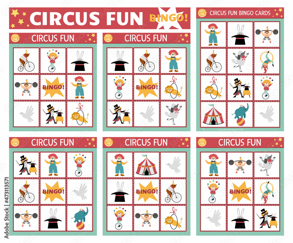 Vector circus bingo cards set. Fun family lotto board game with cute ...