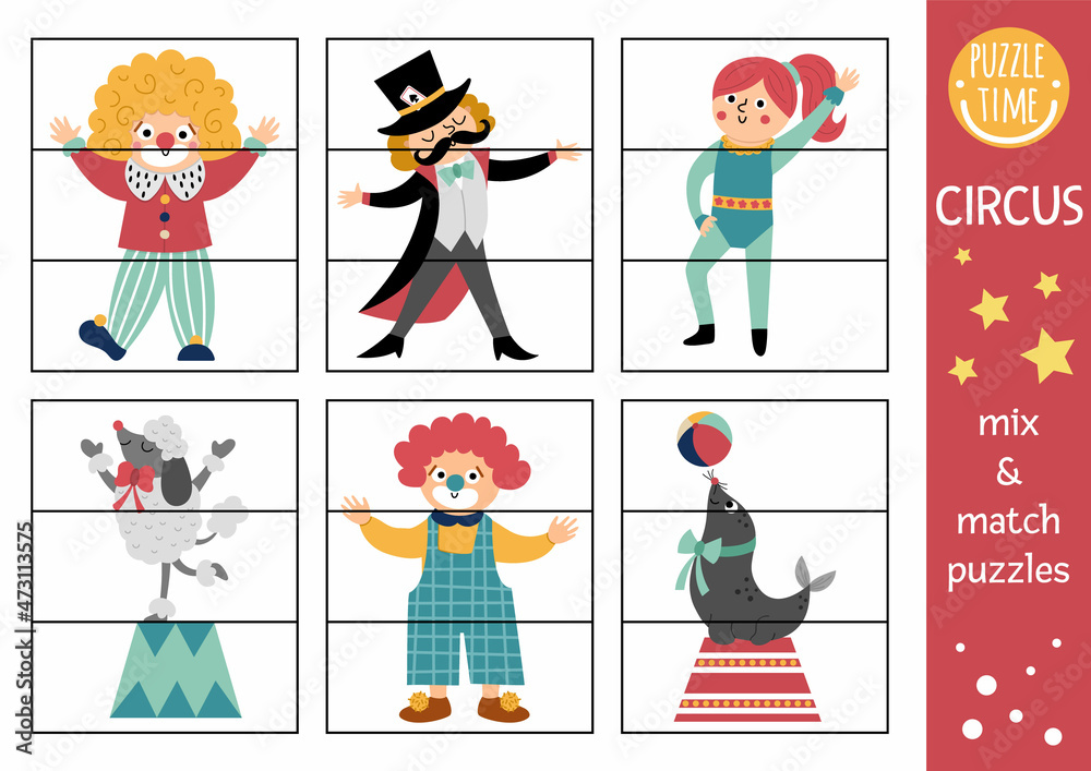 Vector circus mix and match puzzle with clown, magician, poodle ...
