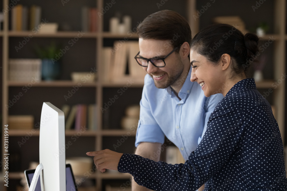 Two happy diverse employees meeting at computer, sharing monitor ...