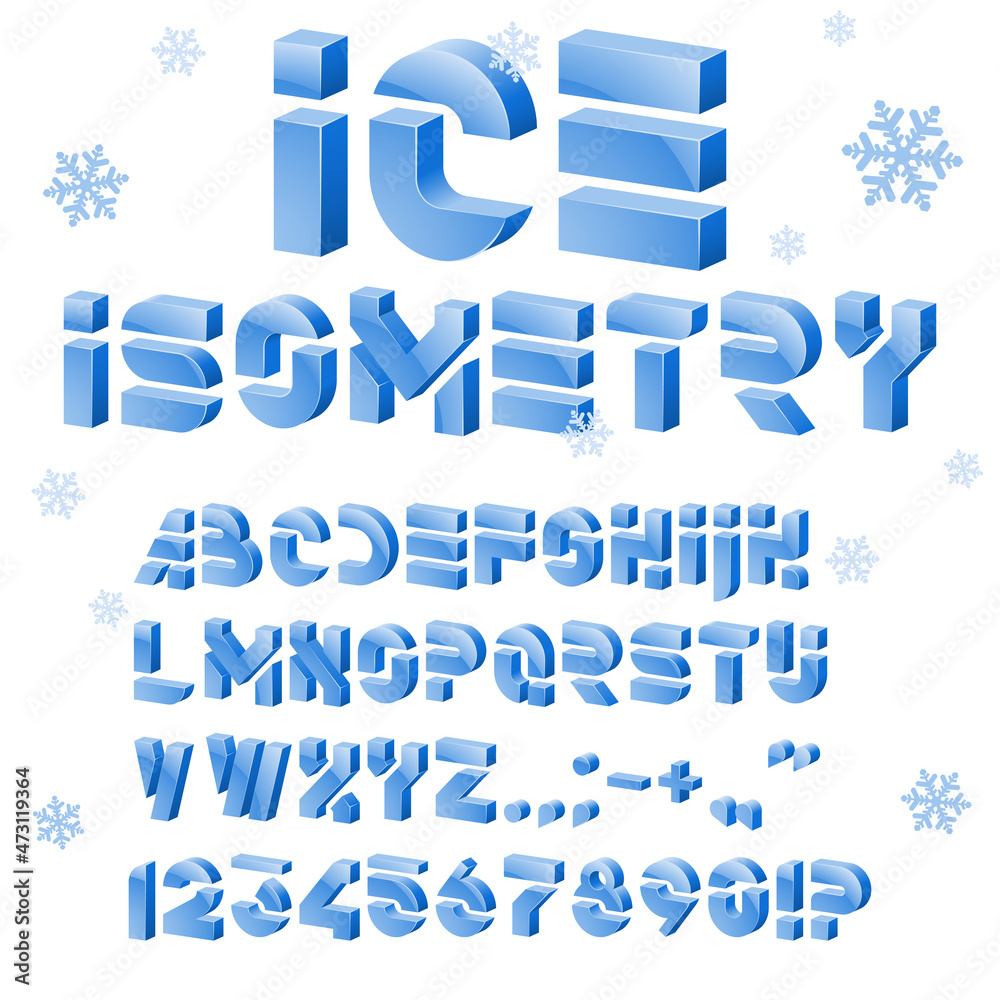 Vector ice alphabet. 3D isometric font. Vector letters, numbers and ...