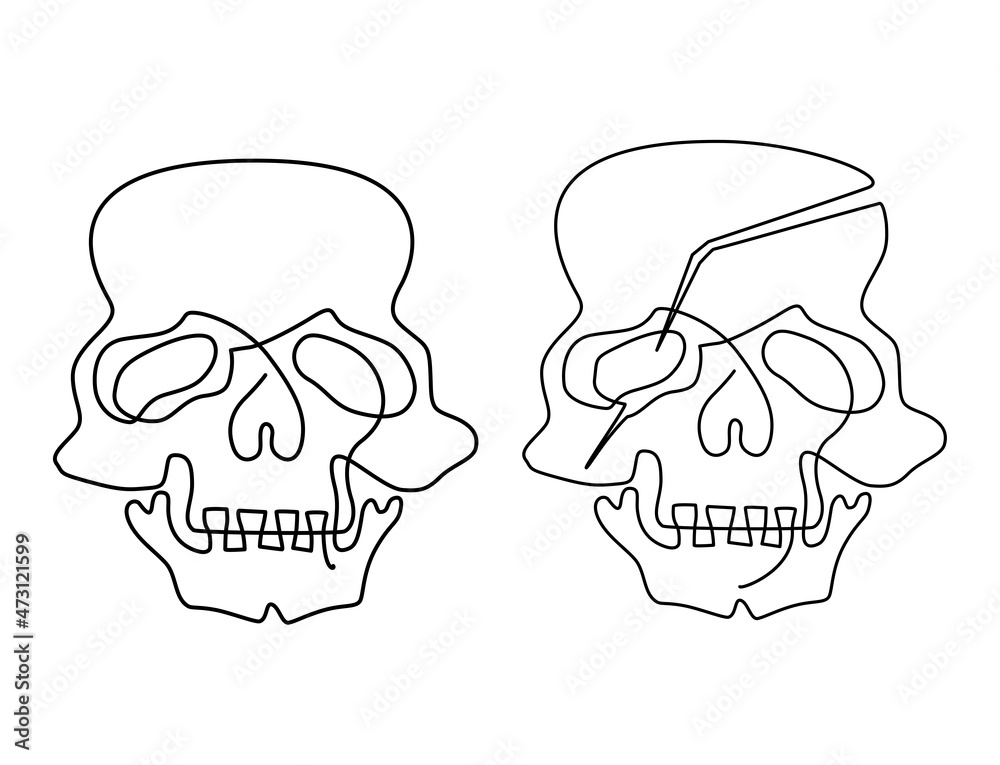 Human skull. Continuous line drawing. Humorous illustration. Stock ...