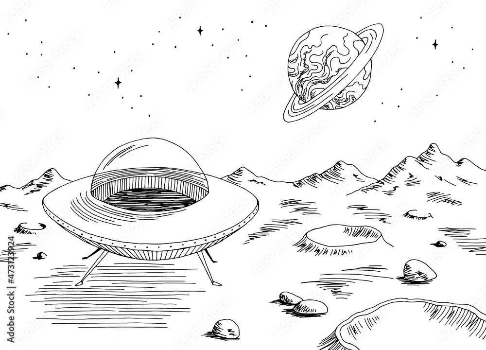 Alien planet graphic UFO flyer spaceship landed black white space ...