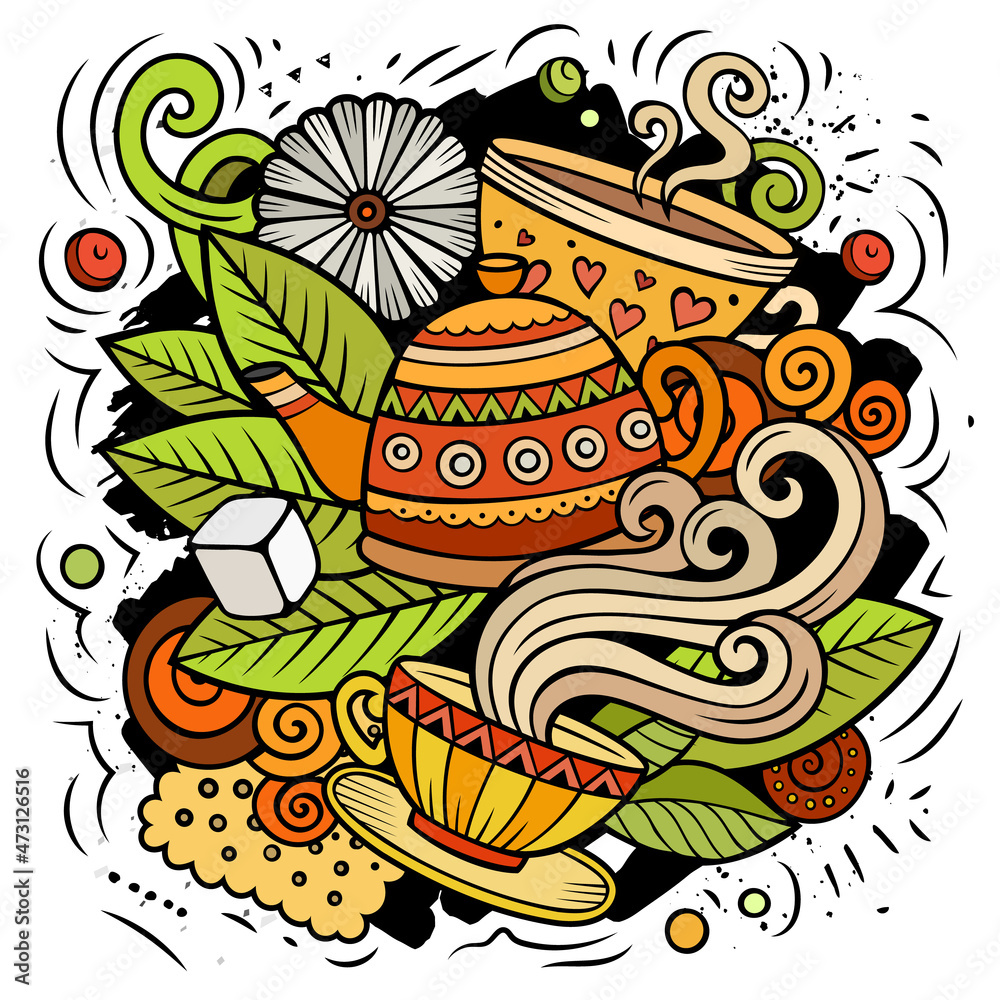 Cartoon vector doodles Tea time illustration Stock Vector | Adobe Stock Cartoon vector doodles Tea time illustration Stock Vector | Adobe Stock