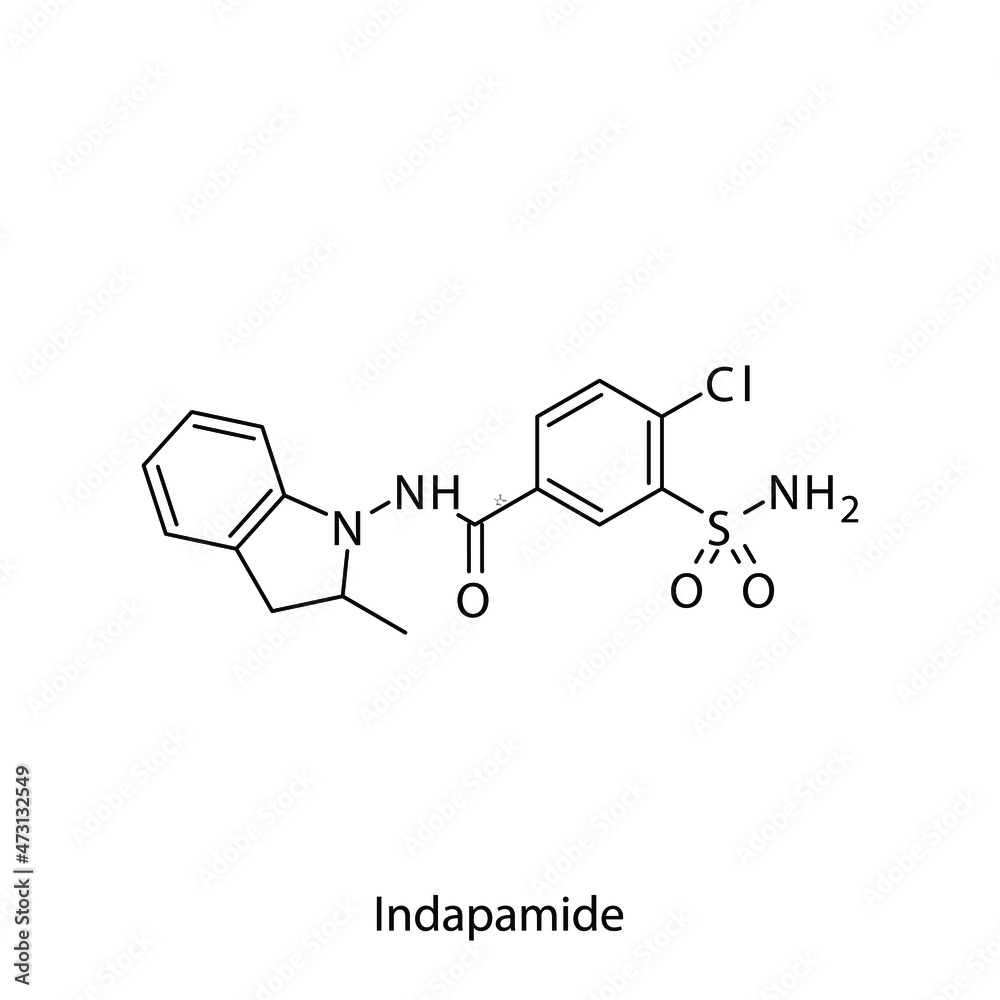 Indapamide molecular structure, flat skeletal chemical formula ...