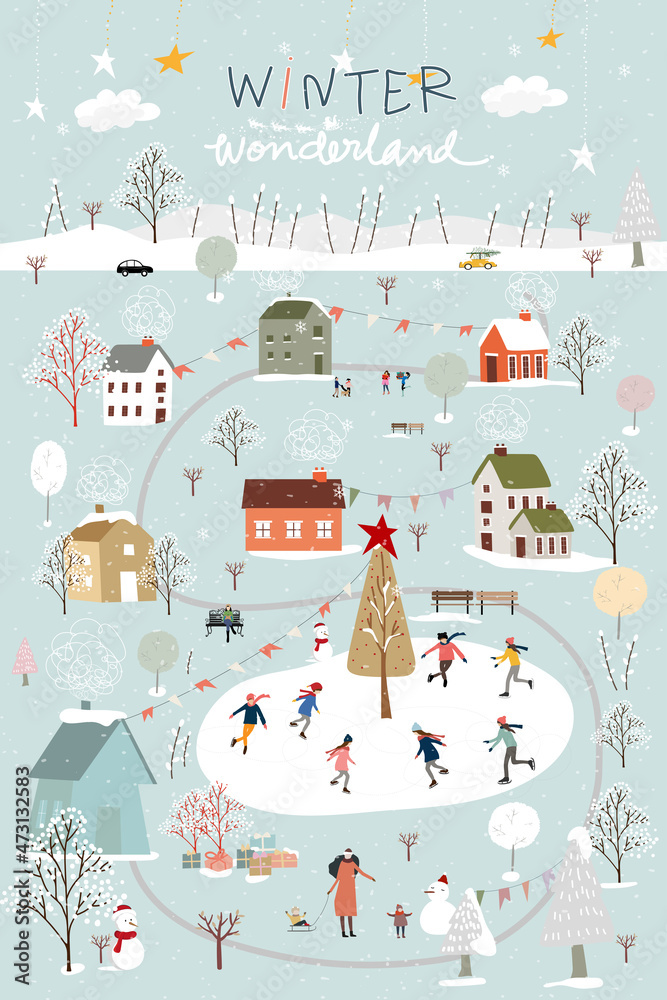 Winter wonderland landscape background at night with people celebration ...