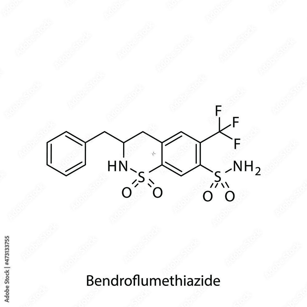 Bendroflumethiazide molecular structure, flat skeletal chemical formula ...