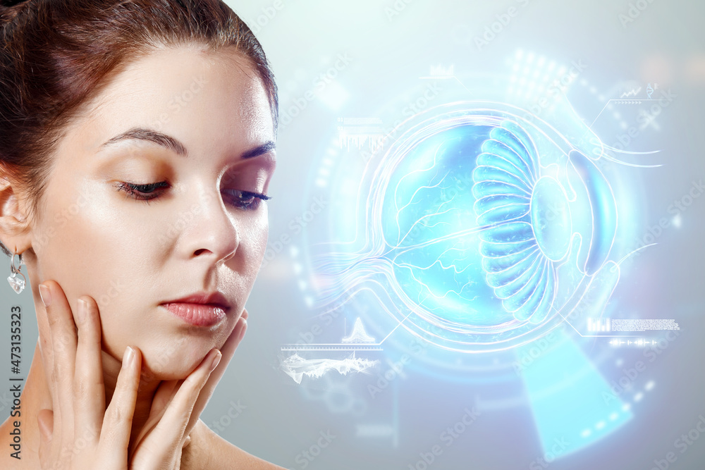 Realistic hologram of human eye and real eye close-up. Vision concept ...