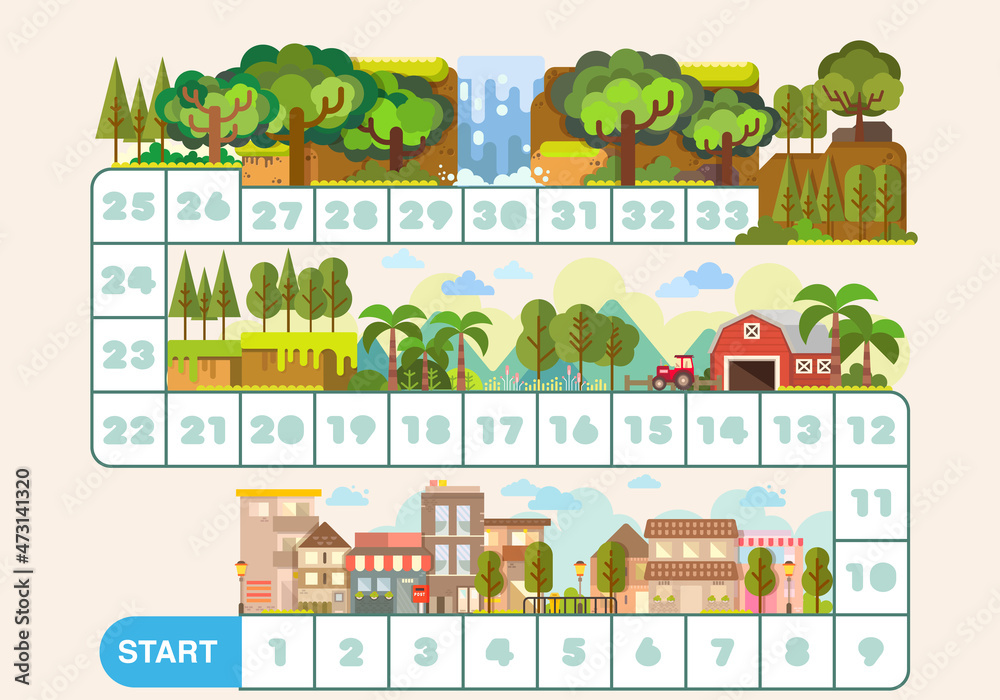 Boardgame with a block path and number on the city, Fun educational ...
