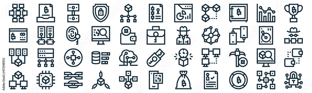 blockchain thin line icon set such as pack of simple aorithm, coding, cryptocurrency, cpu, data ...