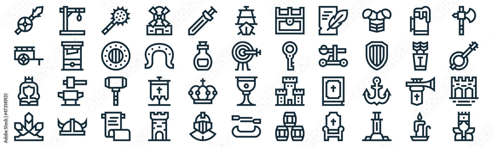 medieval items thin line icon set such as pack of simple sword ...