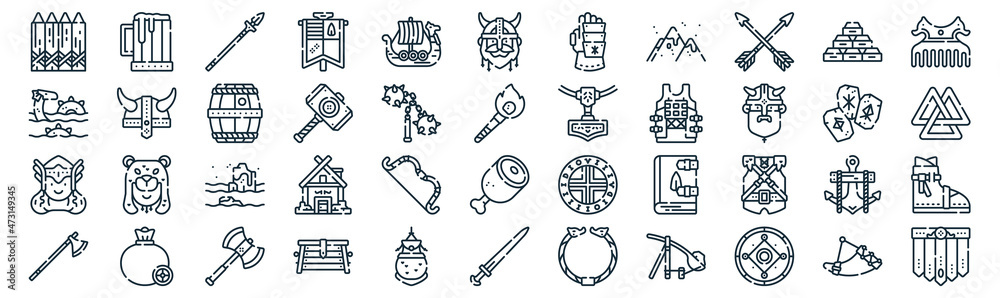 viking thin line icon set such as pack of simple viking ship, hammer ...