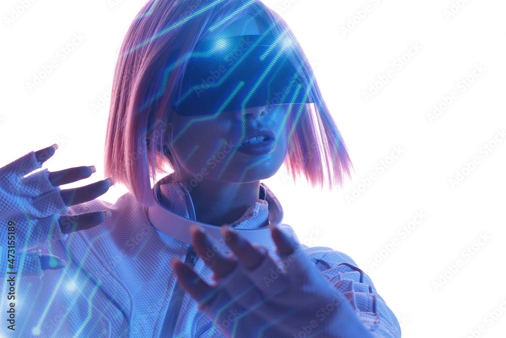 Double exposure of woman and futuristic holographic interface to display data. Female in ...