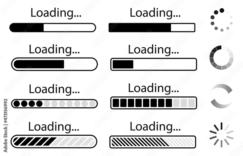 Set of loading icons, load indicator sign, waiting symbols. Vector ...