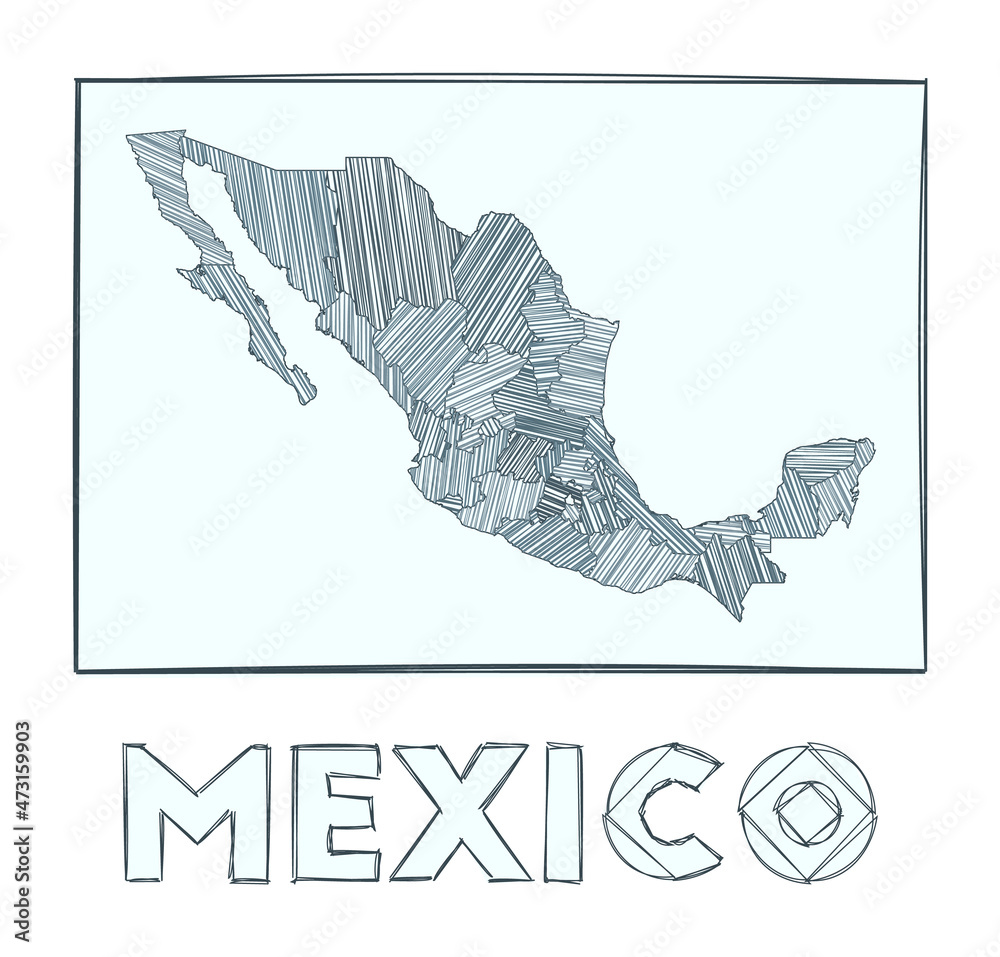 Sketch map of Mexico. Grayscale hand drawn map of the country. Filled ...