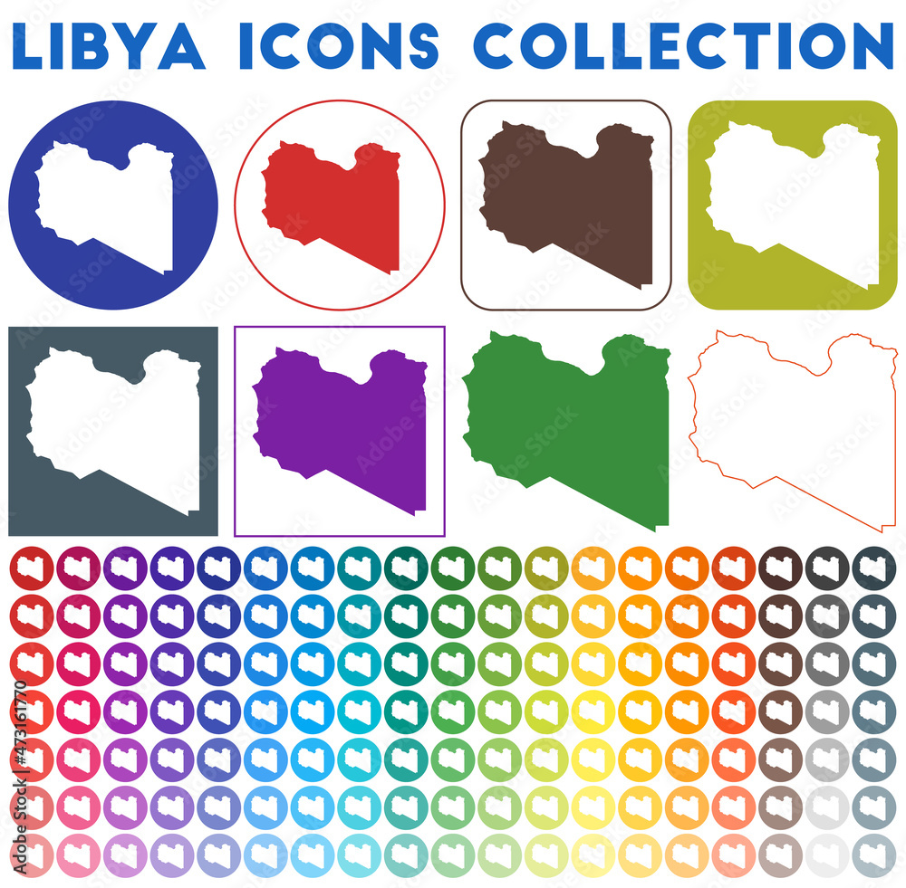 Libya icons collection. Bright colourful trendy map icons. Modern Libya ...