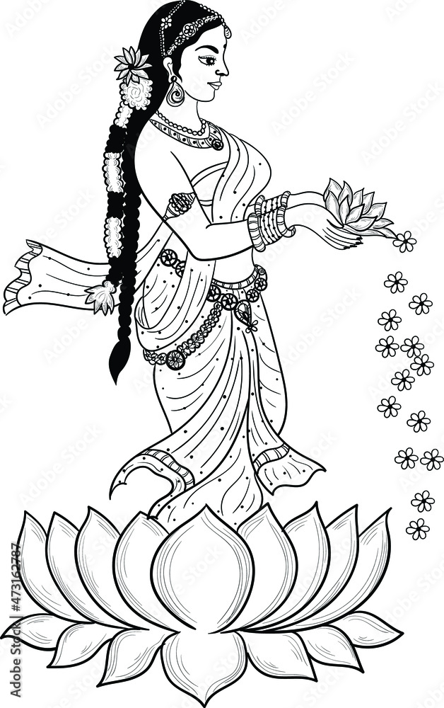 Indian women welcome black and white illustration line drawing clip art ...