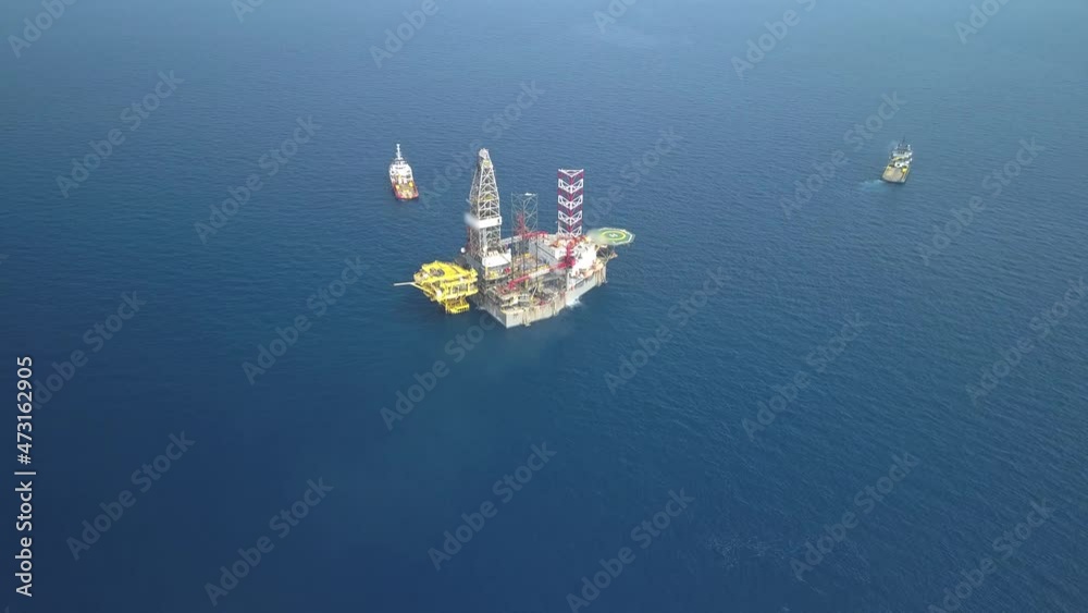 Aerial view from a drone of an offshore jack up rig, oil platform and ...