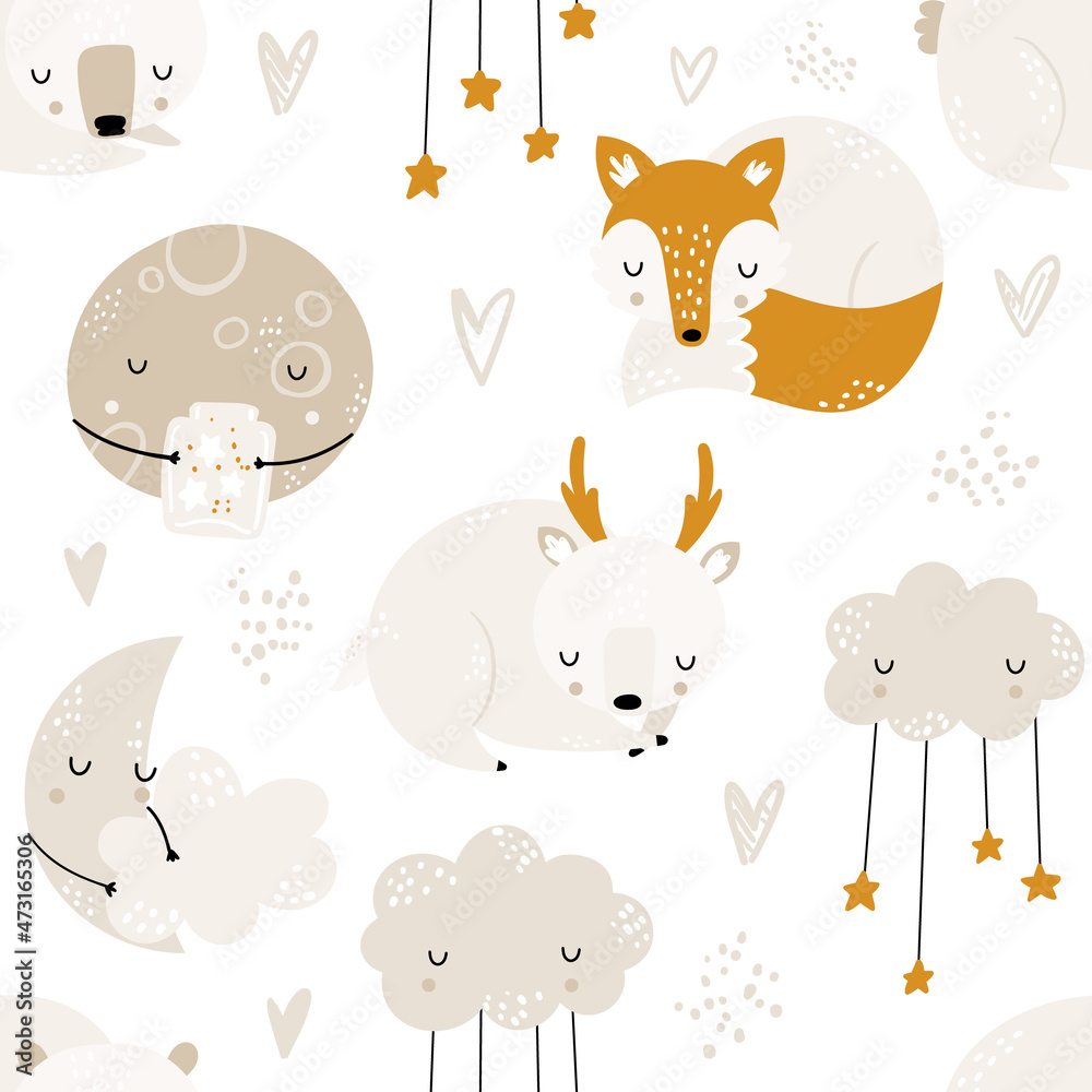 Seamless childrens hand-drawn pattern with cute sleeping animals ...