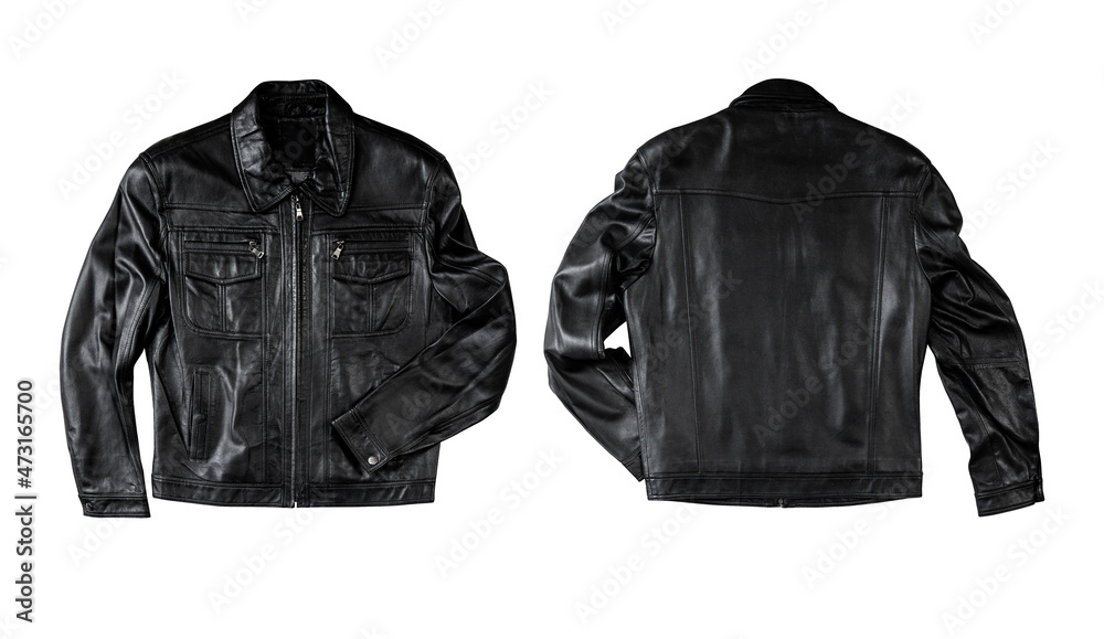Black leather jackets isolated on white. Front and back views. Stock ...