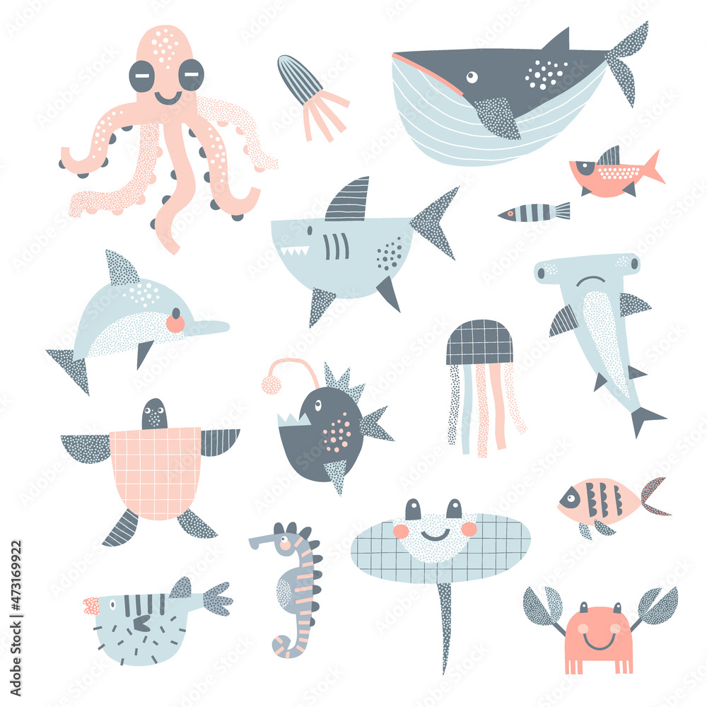 Octopus Shark Dolphin Whale Fish Stingray Seahorse vector clip-art set ...