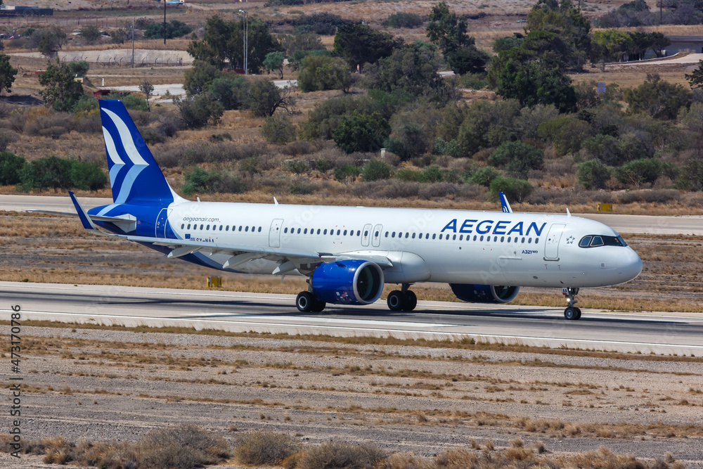 Aegean Airlines Airbus A321neo airplane Santorini airport in Greece ...