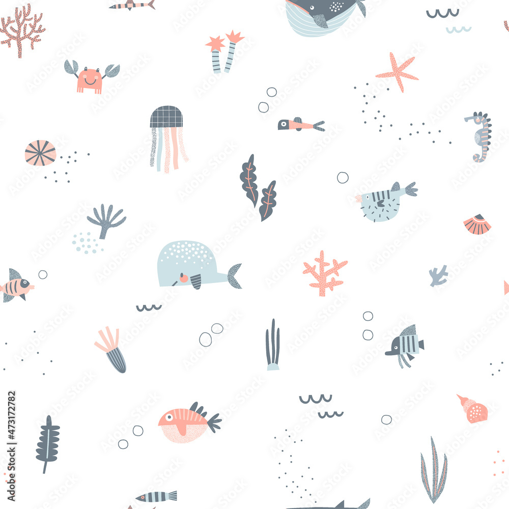 Pastel colours Under the sea life vector seamless pattern. Seahorse ...