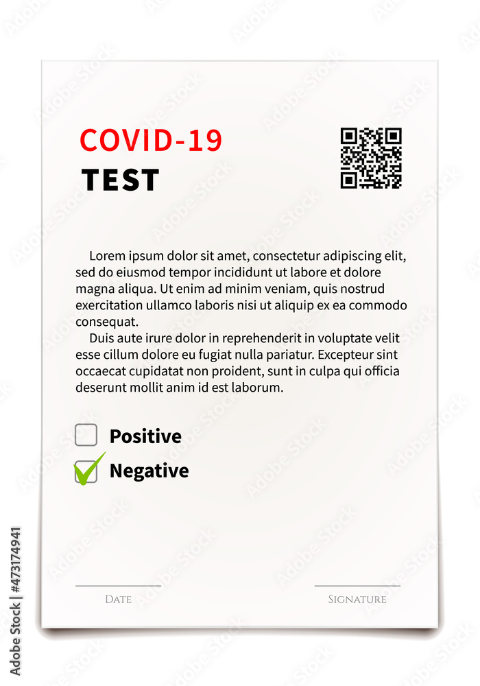 COVID-19 negative test certificate, example of document with QR-code on ...
