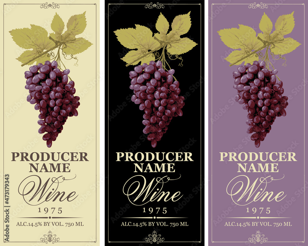 Set of vertical wine labels with realistic bunches of red grapes and ...