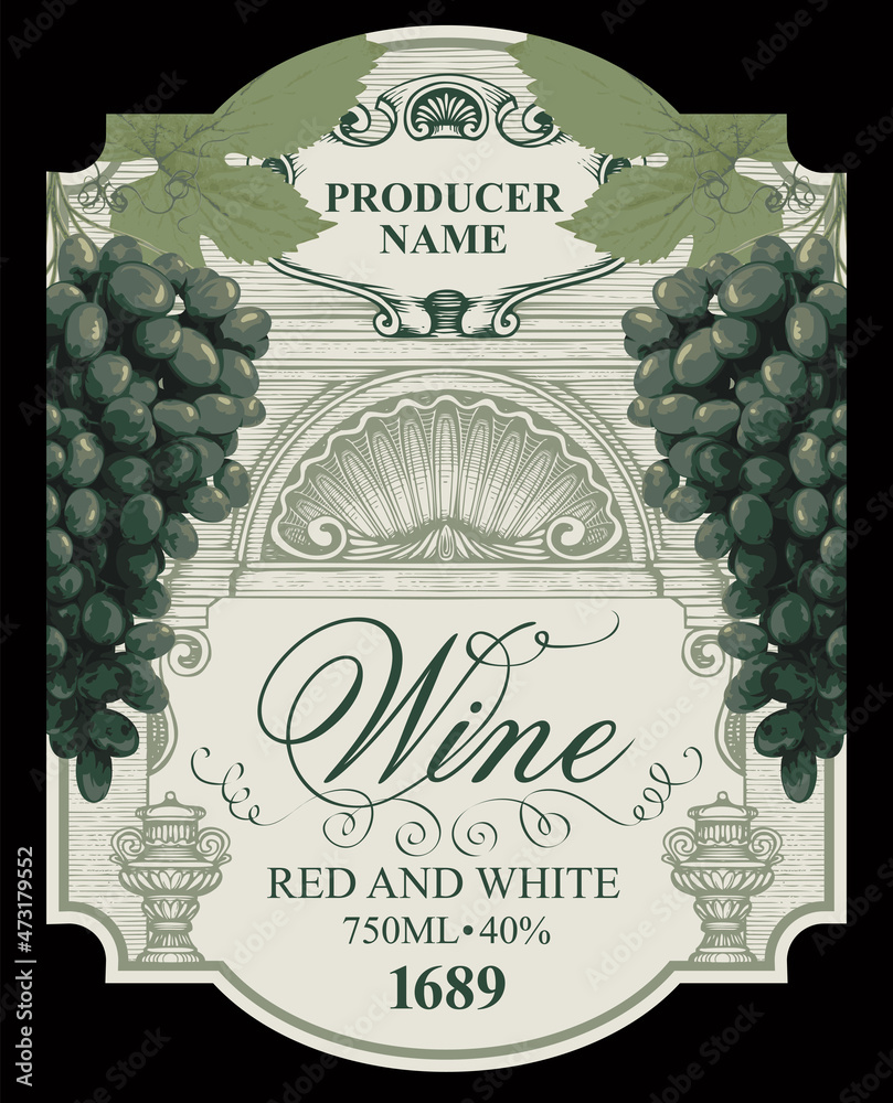 Vetor de Vector wine label with realistic bunches of grapes, a hand ...