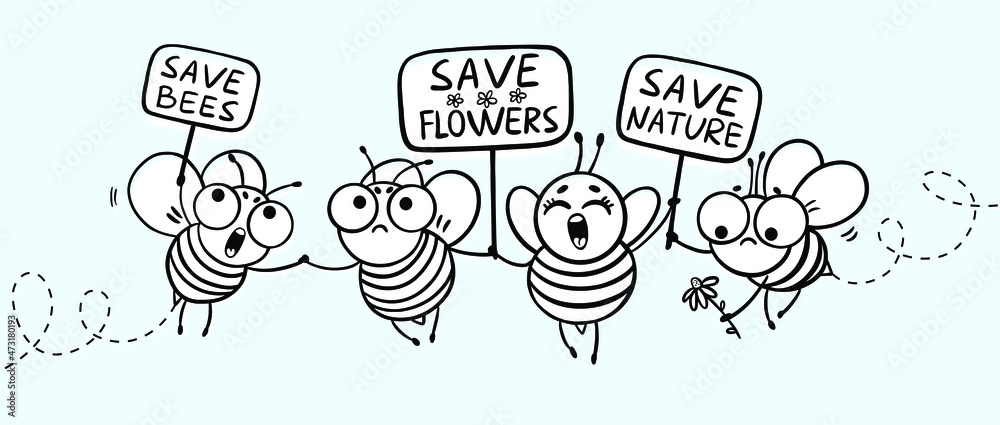 Save the bees - funny vector bees drawing. Illustration with cute ...