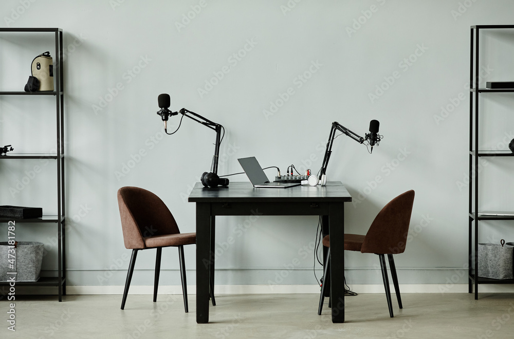 Minimal background image of podcast recording studio with two chairs ...