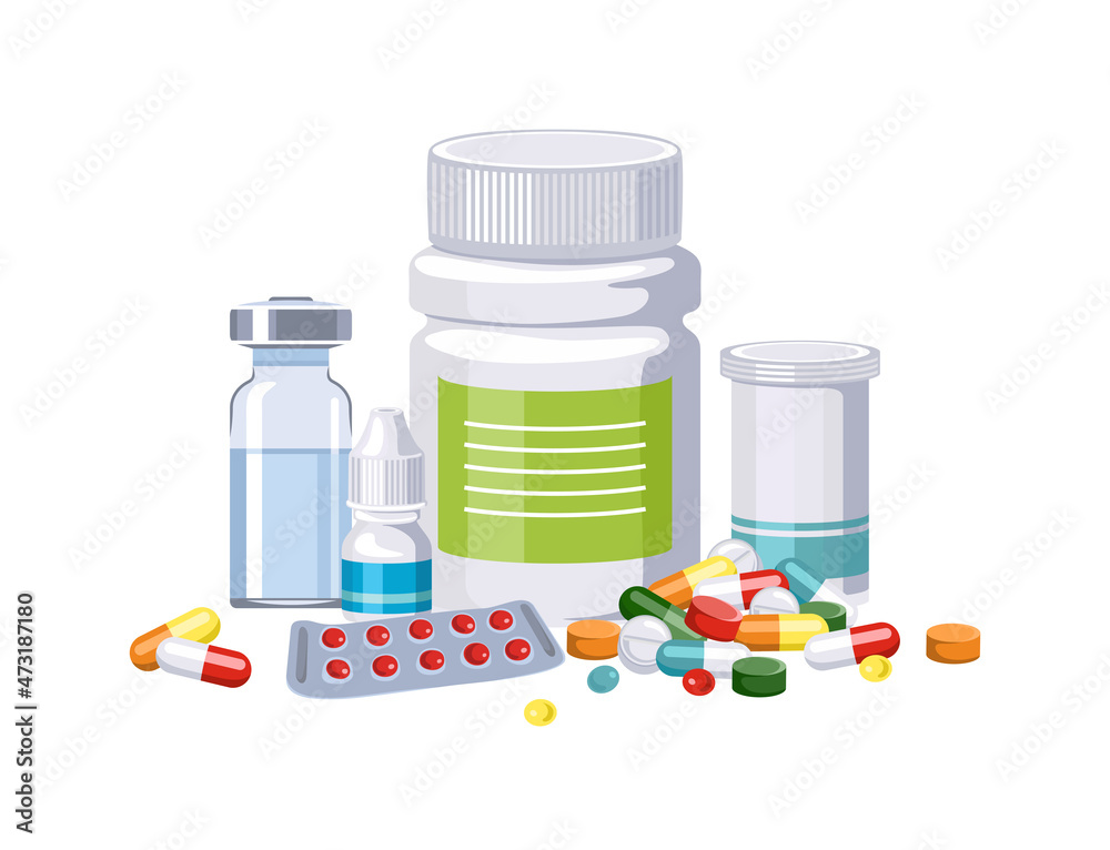 Various medicines, capsules, tablets and bottles with drugs ...