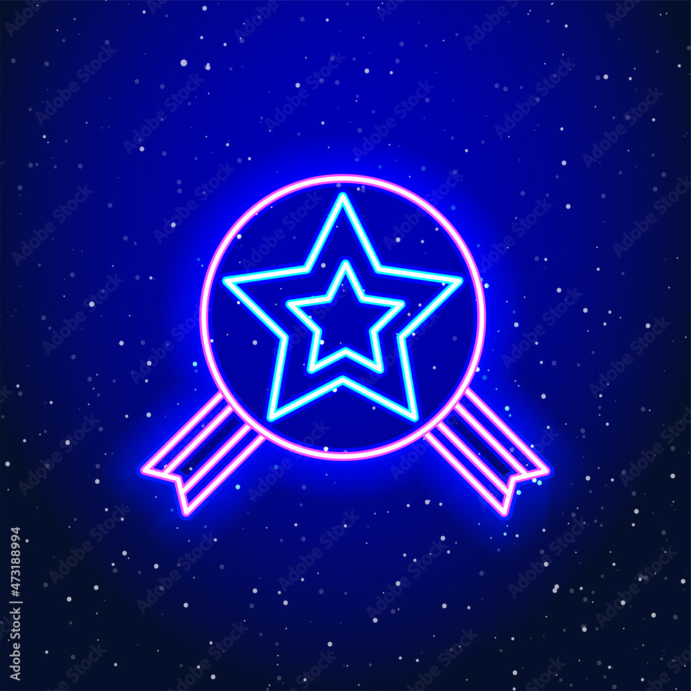 Neon luminous intertwined star and medal design. Linear achievement ...