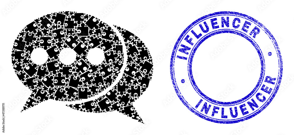 Puzzle chat messages mosaic icon with Influencer badge. Blue vector ...