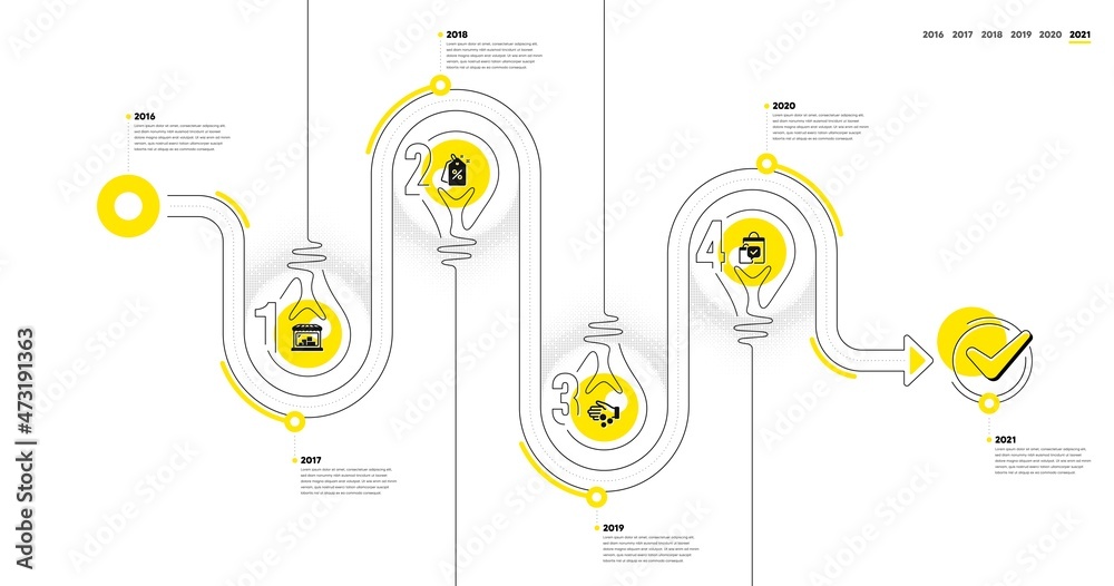 Trade Infographic timeline with 4 steps. Lightbulb journey path ...
