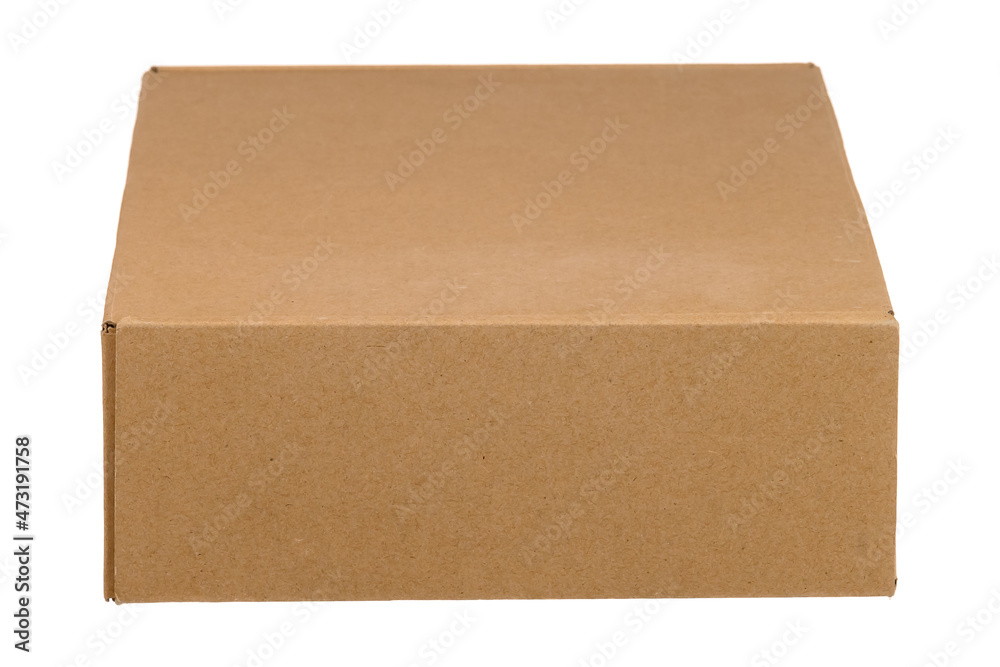 closed cardboard box on a white insulated background. Front view at an ...