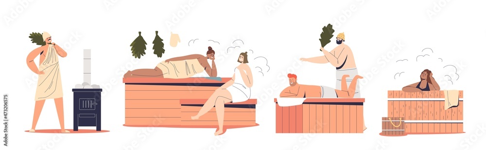 Set of people enjoy sauna and banya activities. Cartoon characters ...