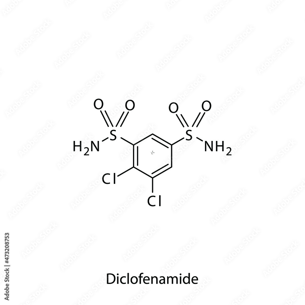Diclofenamide molecular structure, flat skeletal chemical formula ...