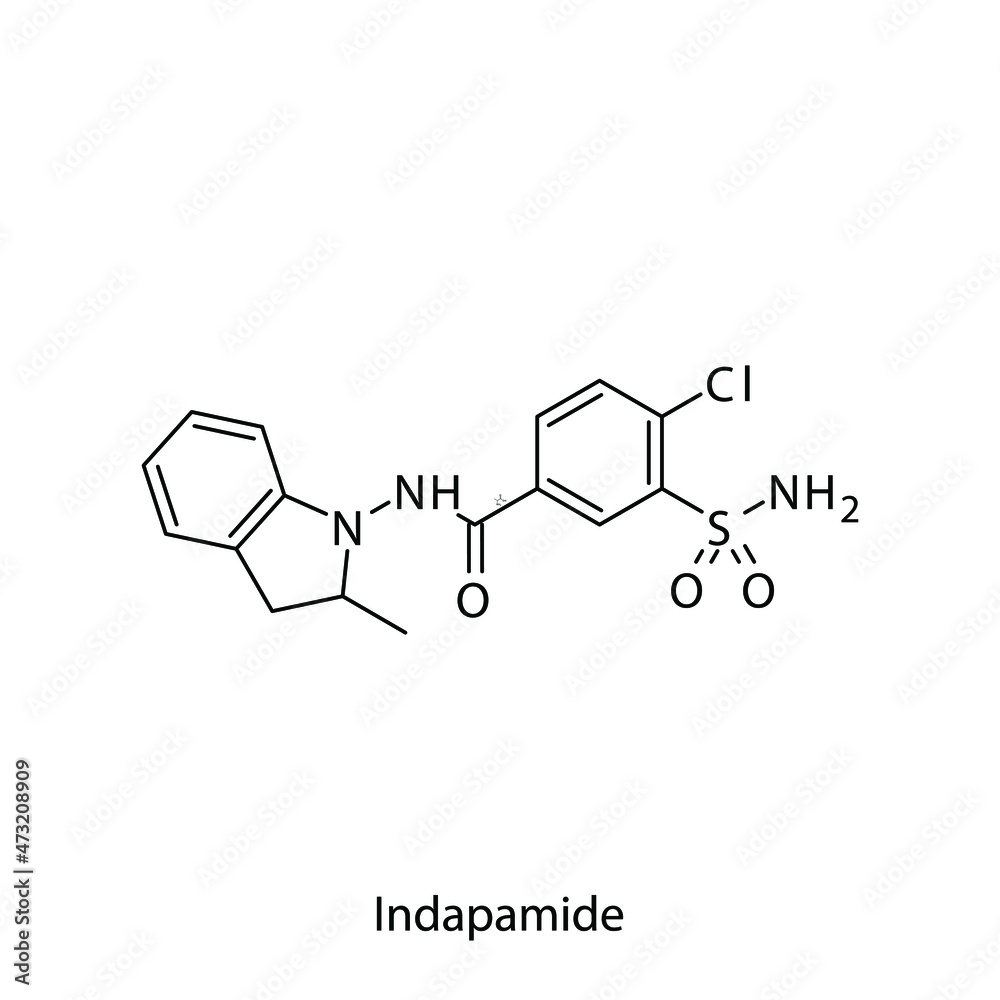 Indapamide molecular structure, flat skeletal chemical formula ...
