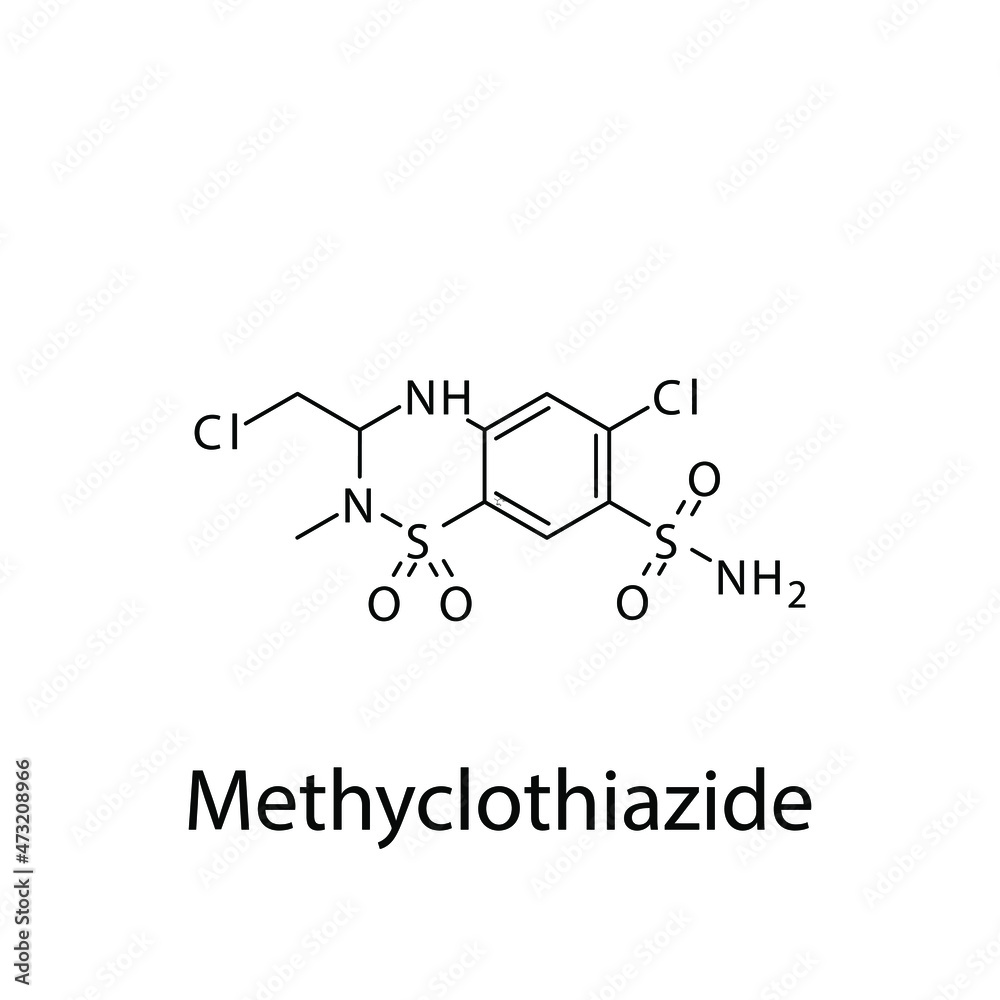 Methyclothiazide molecular structure, flat skeletal chemical formula ...