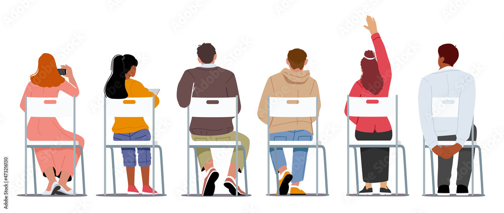 Sitting People Rear View, Young Men and Women Characters Sit on Chairs ...