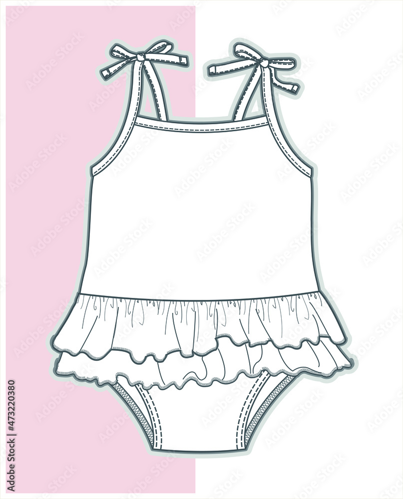 Girl Swimsuit vector flat sketch. swimwear design technical drawing for ...